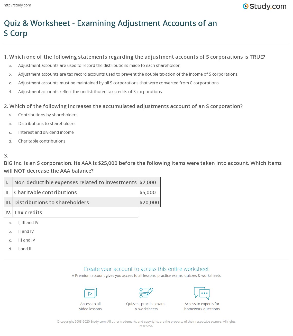 Quiz & Worksheet - Examining Adjustment Accounts of an S Corp | Study.com