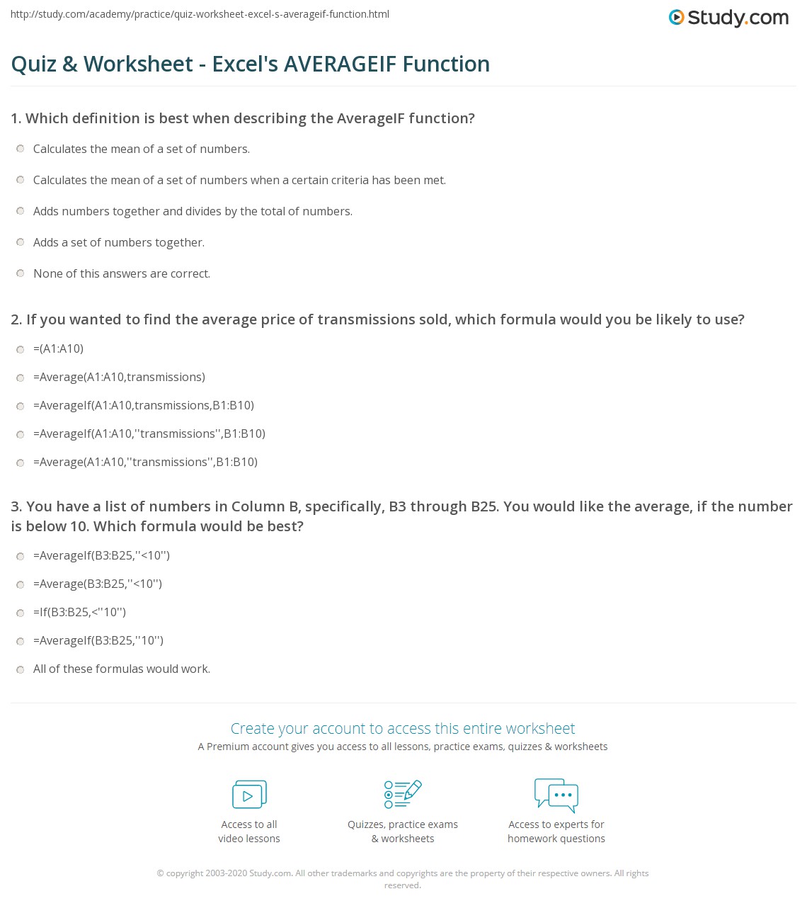 Quiz & Worksheet - Excel's AVERAGEIF Function | Study.com