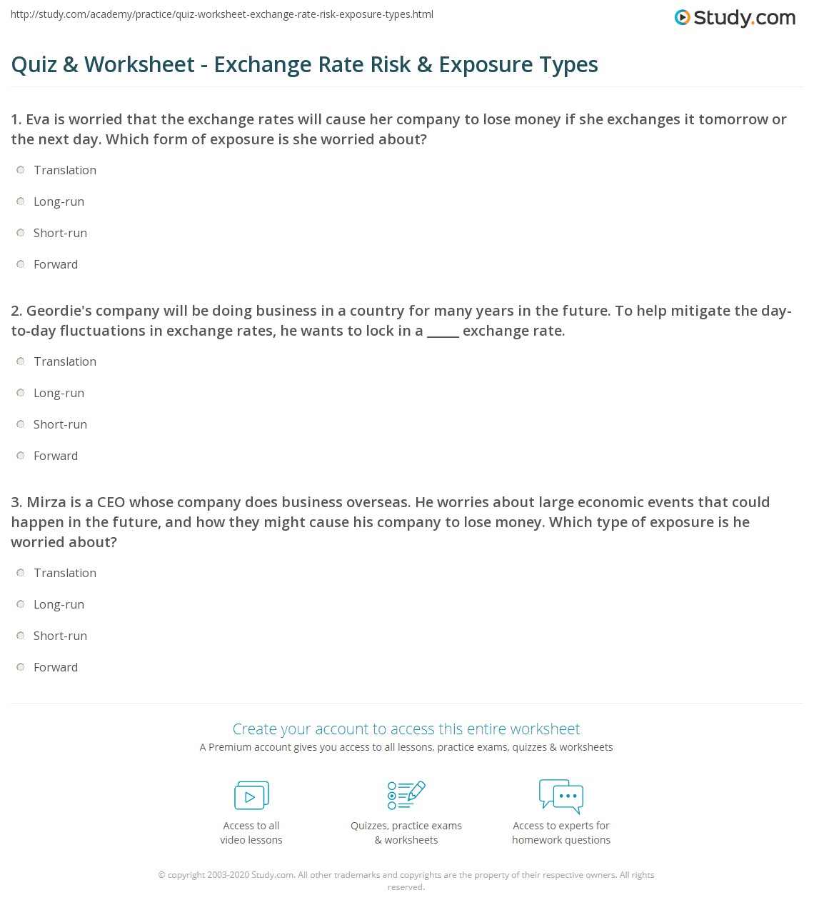 Quiz & Worksheet - Exchange Rate Risk & Exposure Types | Study.com