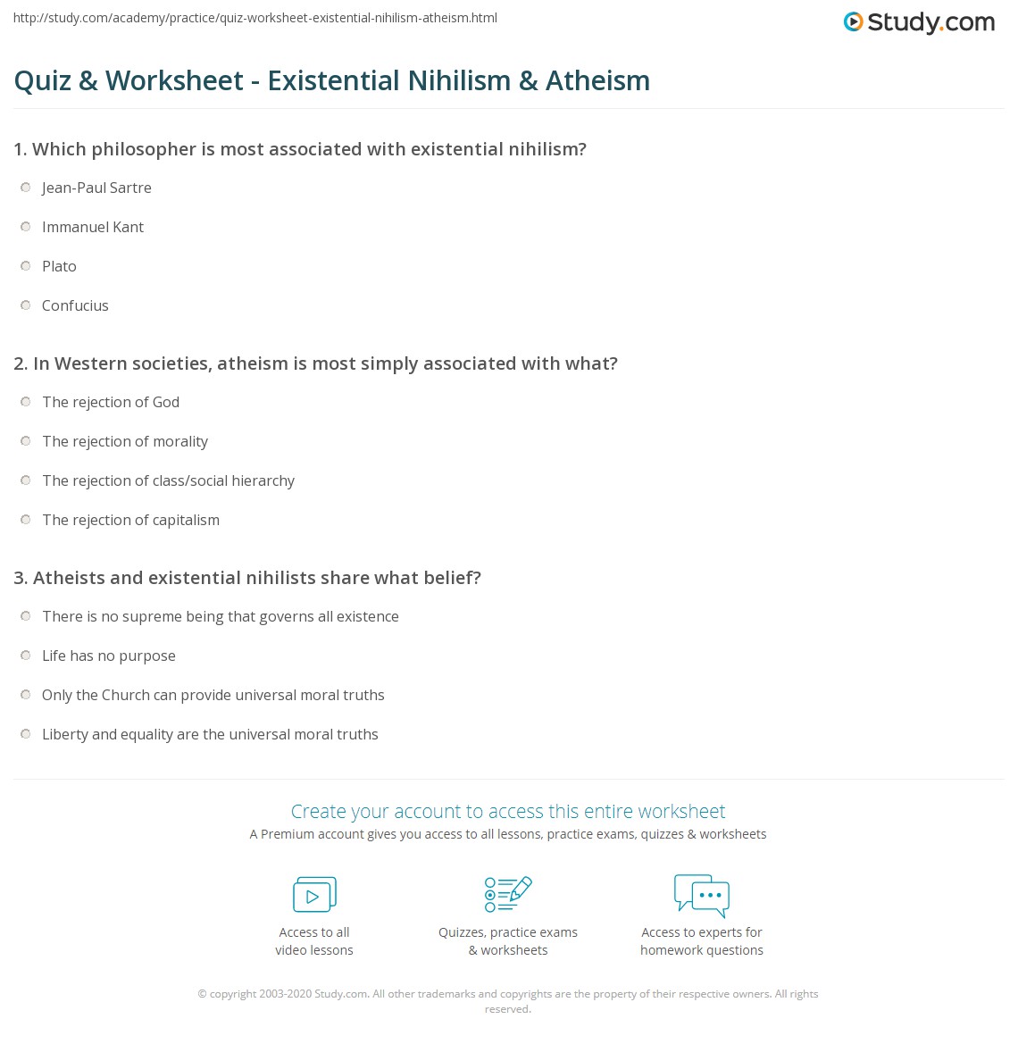 Quiz & Worksheet - Existential Nihilism & Atheism | Study.com