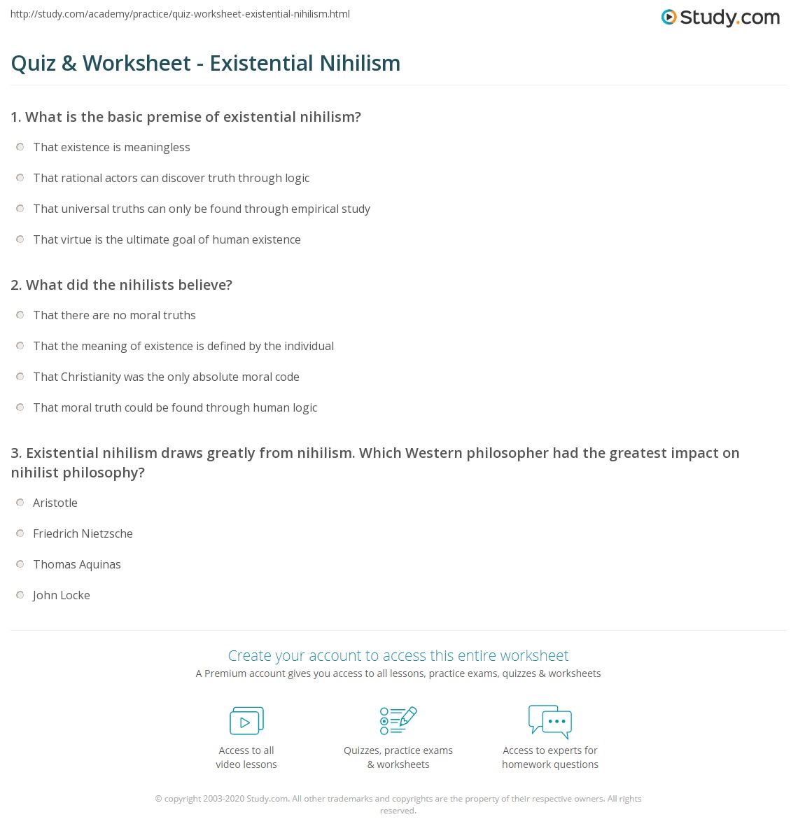 Quiz & Worksheet - Existential Nihilism | Study.com
