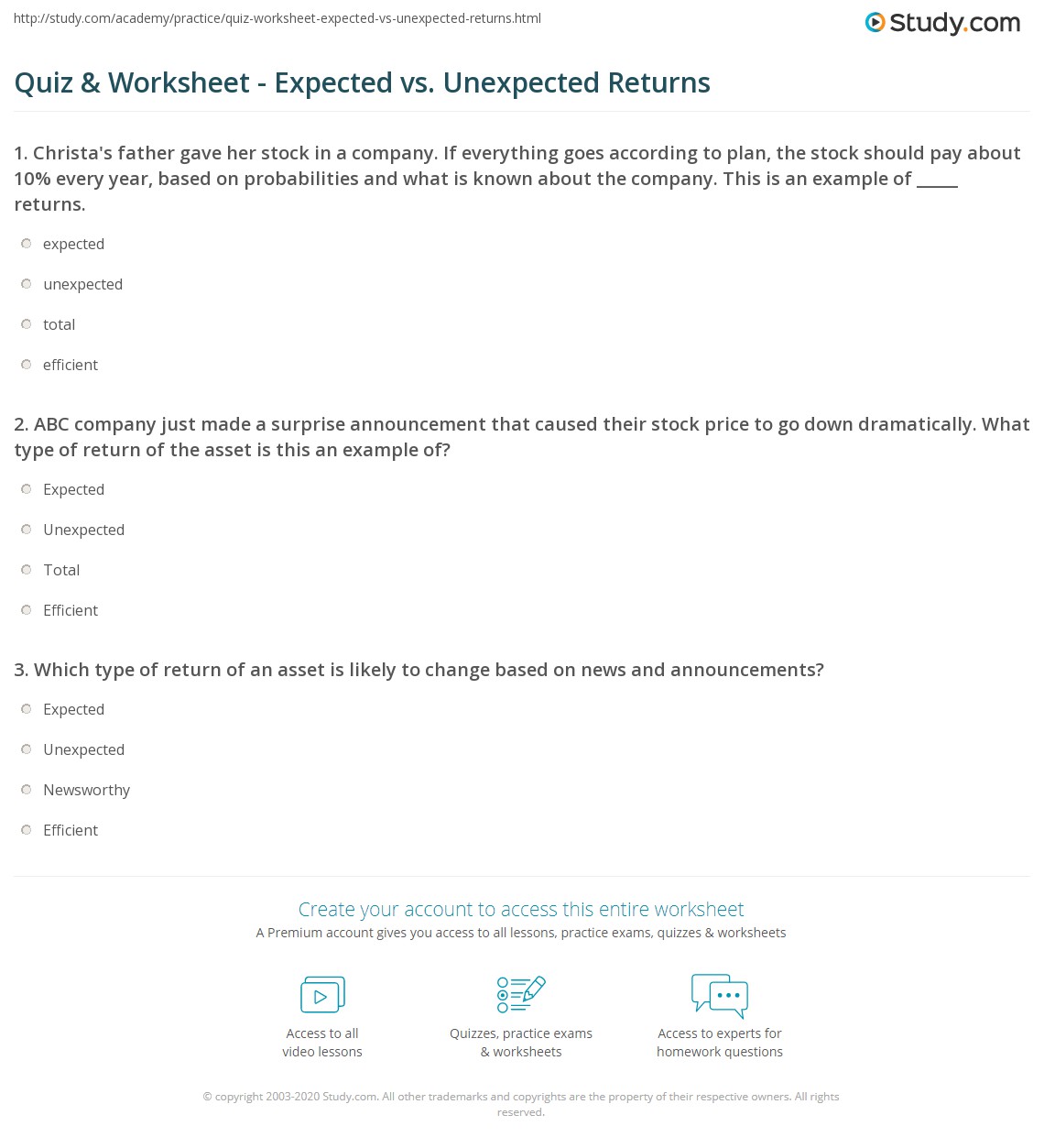 Quiz & Worksheet - Expected vs. Unexpected Returns | Study.com