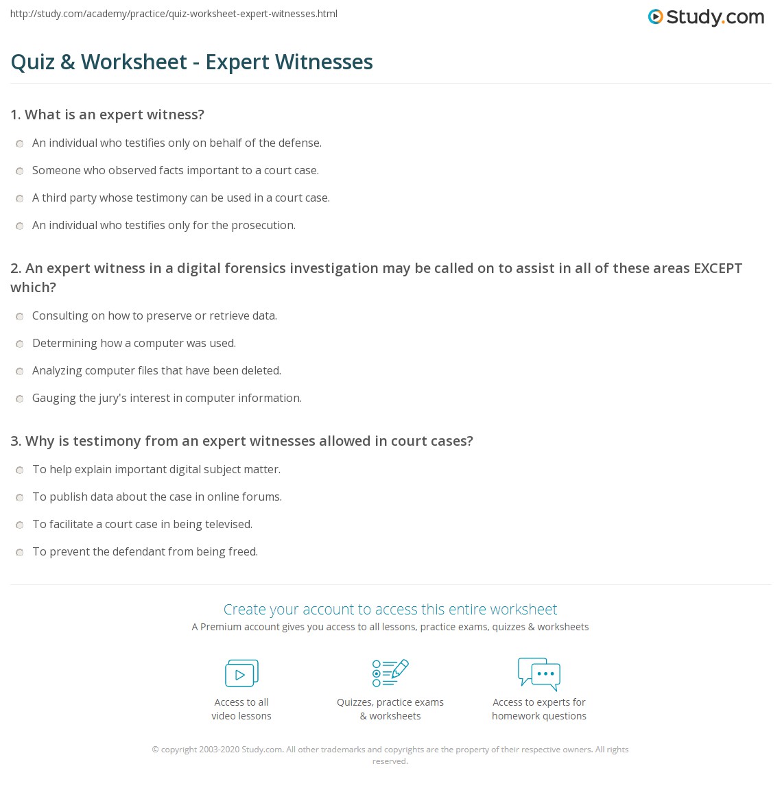 Quiz & Worksheet - Expert Witnesses | Study.com