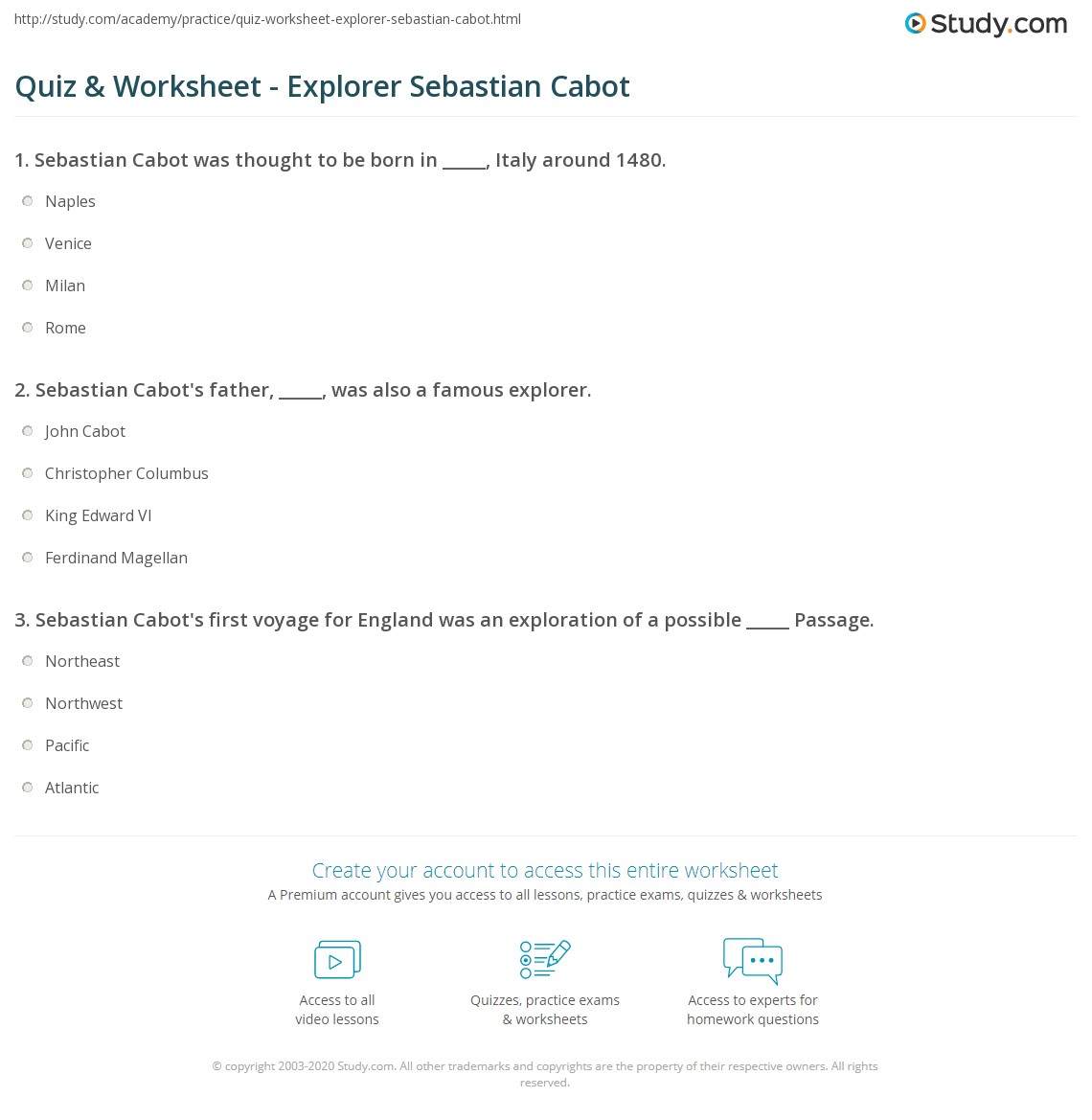 Quiz & Worksheet - Explorer Sebastian Cabot | Study.com