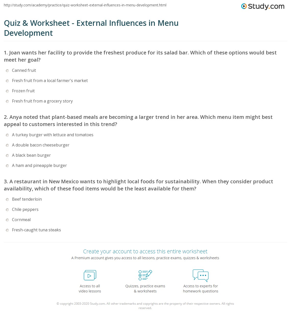 Quiz & Worksheet - External Influences in Menu Development | Study.com