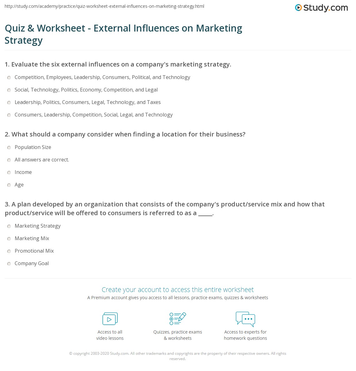 Quiz & Worksheet - External Influences on Marketing Strategy | Study.com