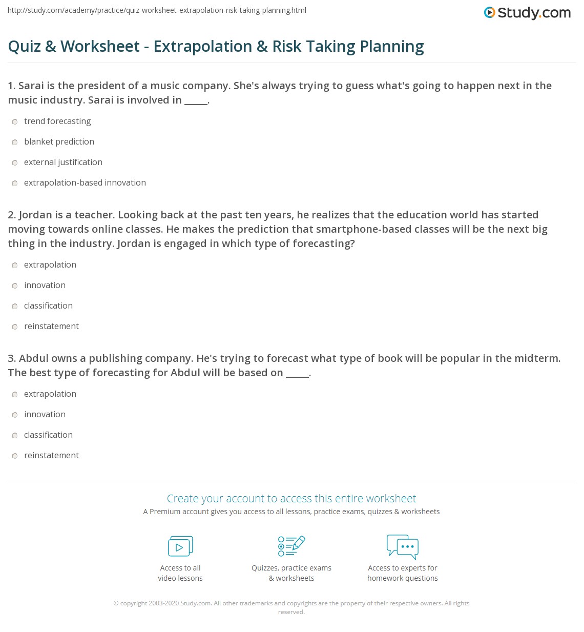 Quiz & Worksheet - Extrapolation & Risk Taking Planning | Study.com