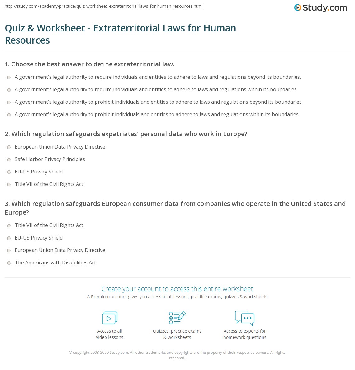 Quiz & Worksheet - Extraterritorial Laws for Human Resources | Study.com