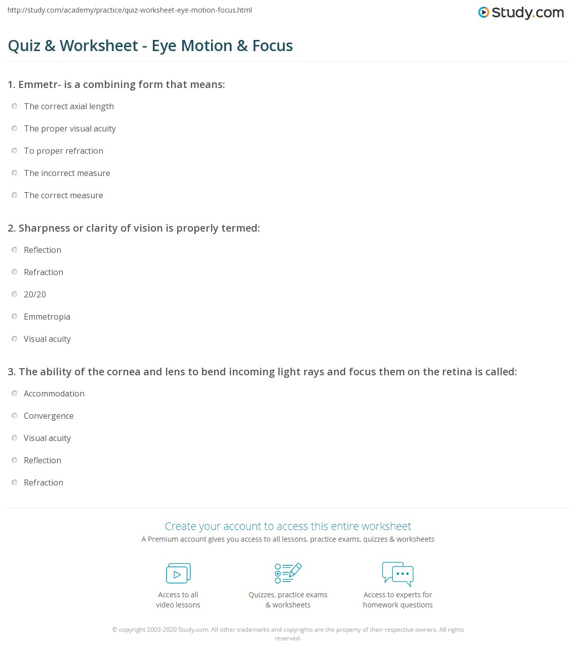 Quiz & Worksheet - Eye Motion & Focus | Study.com