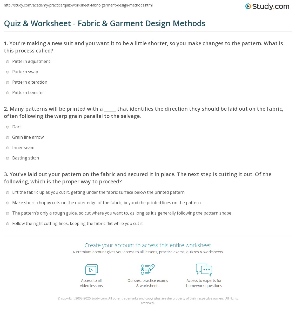 Quiz & Worksheet - Fabric & Garment Design Methods | Study.com