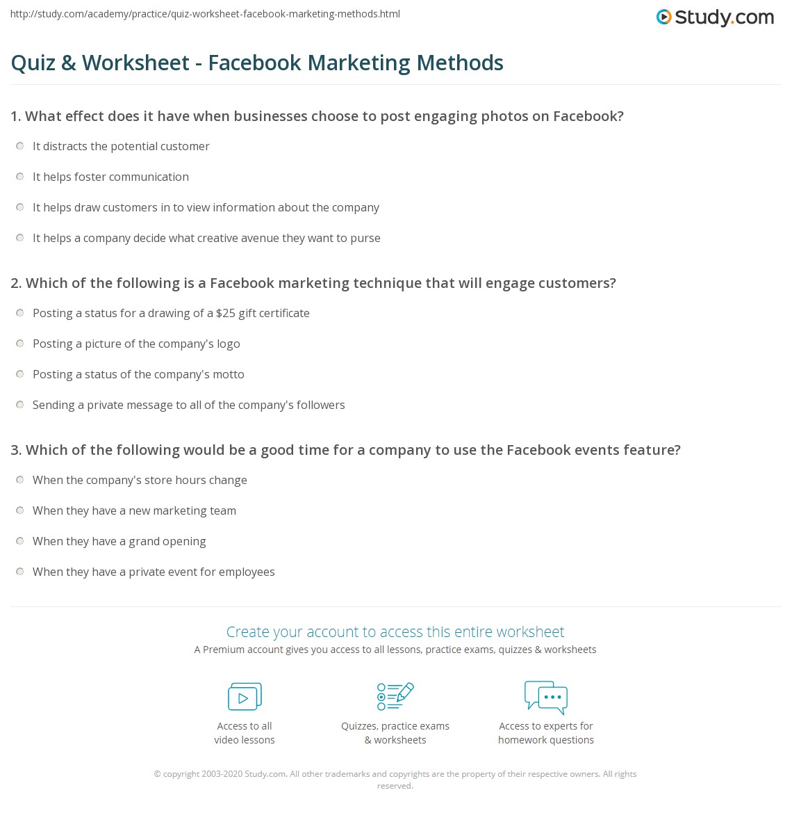 Quiz & Worksheet - Facebook Marketing Methods | Study.com