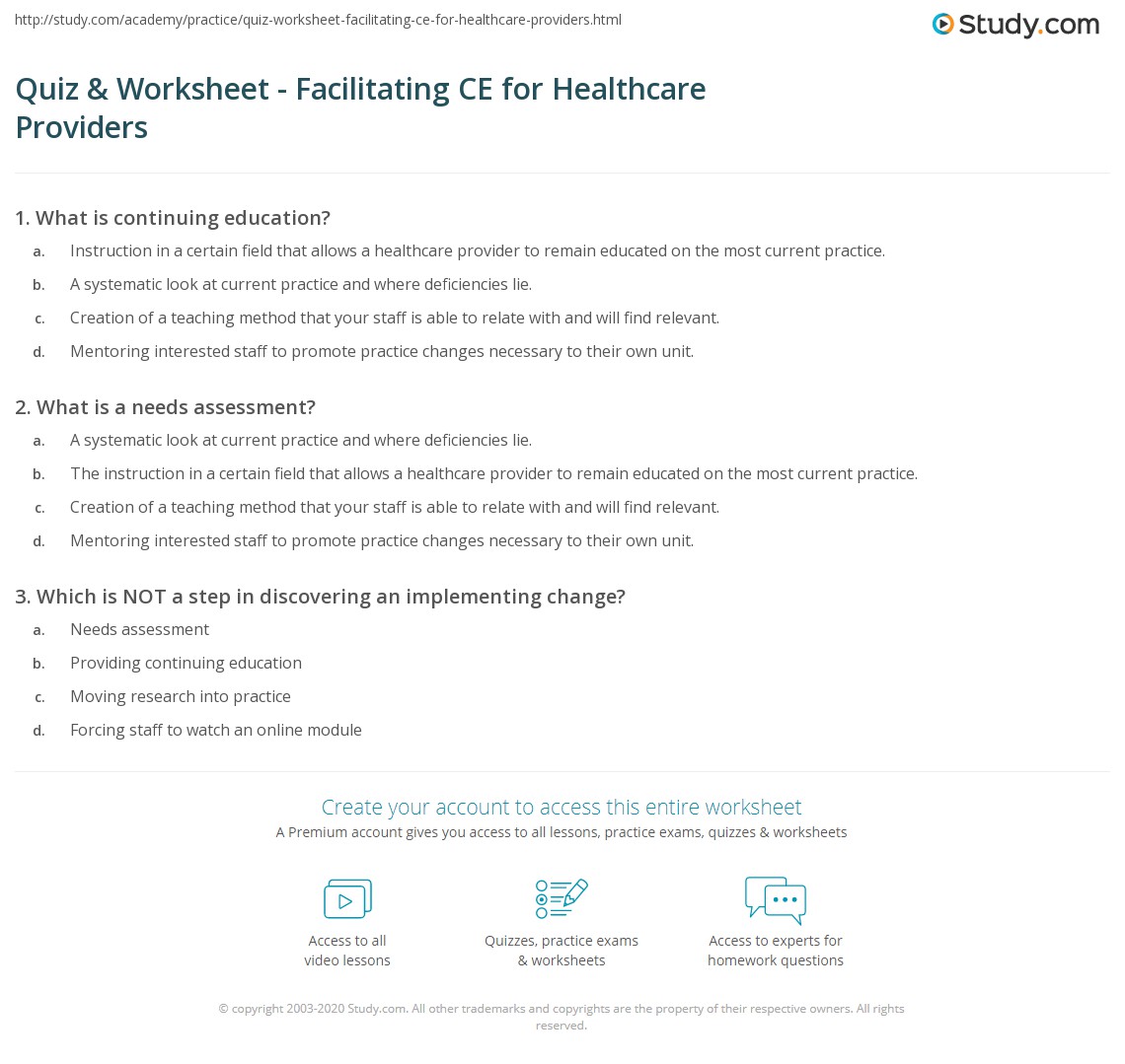 Quiz & Worksheet - Facilitating CE for Healthcare Providers | Study.com