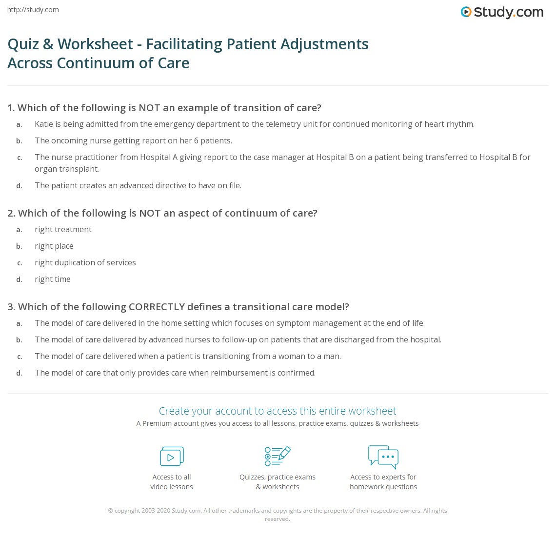 Quiz & Worksheet - Facilitating Patient Adjustments Across Continuum of Care | Study.com
