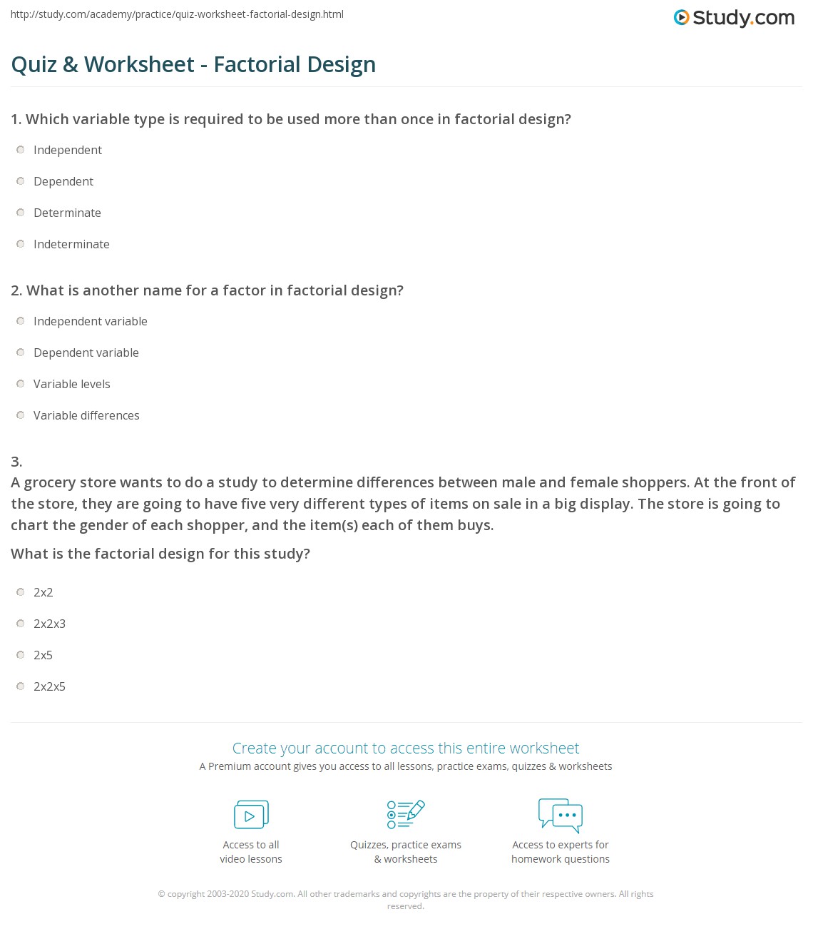 Quiz & Worksheet - Factorial Design | Study.com