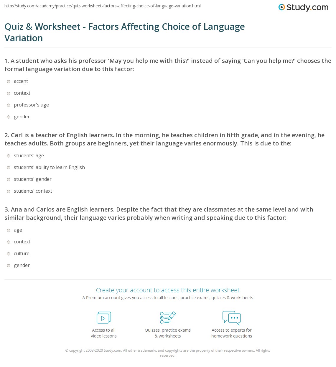 Quiz & Worksheet - Factors Affecting Choice of Language Variation ...