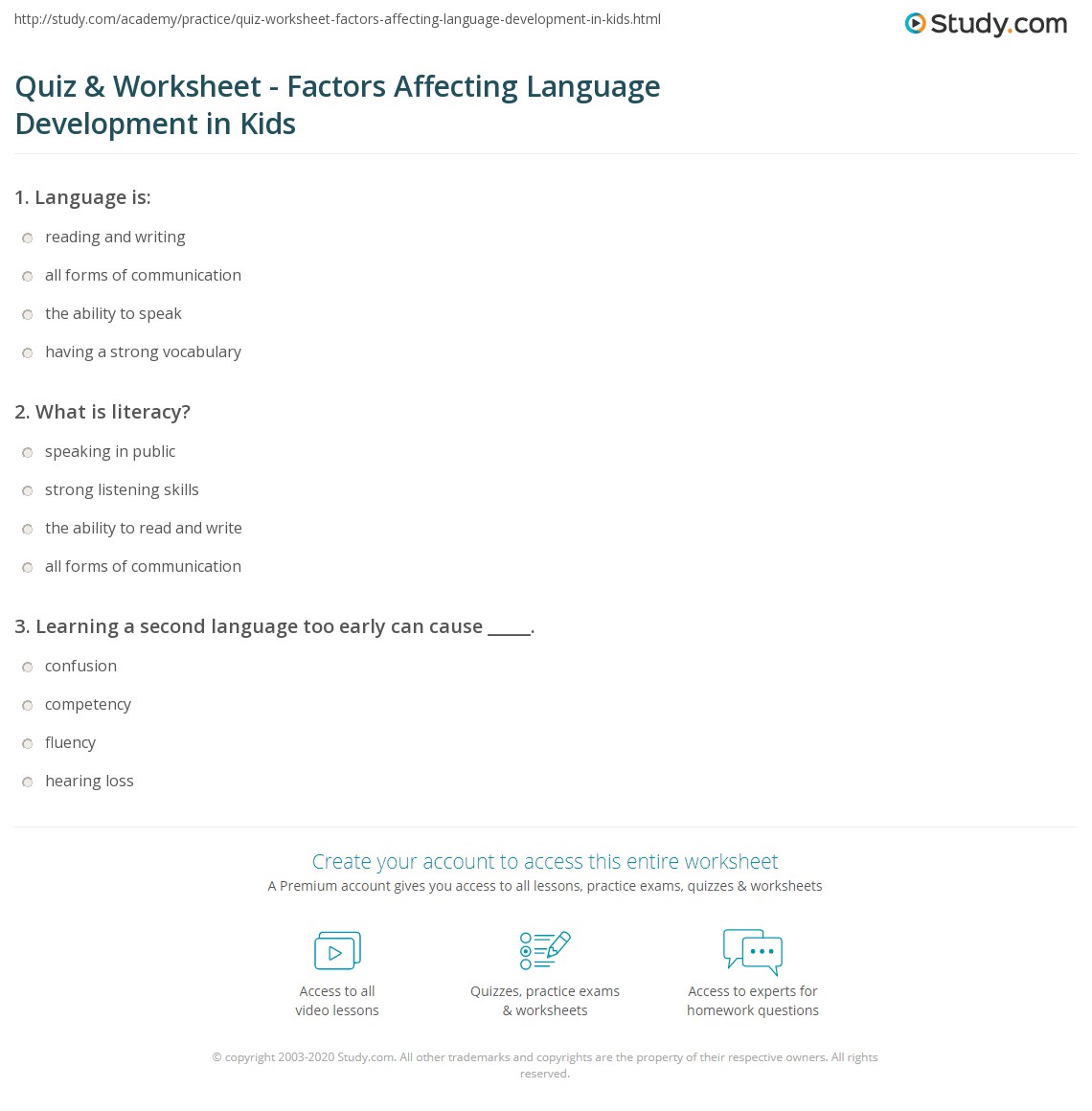 Quiz & Worksheet - Factors Affecting Language Development in Kids ...