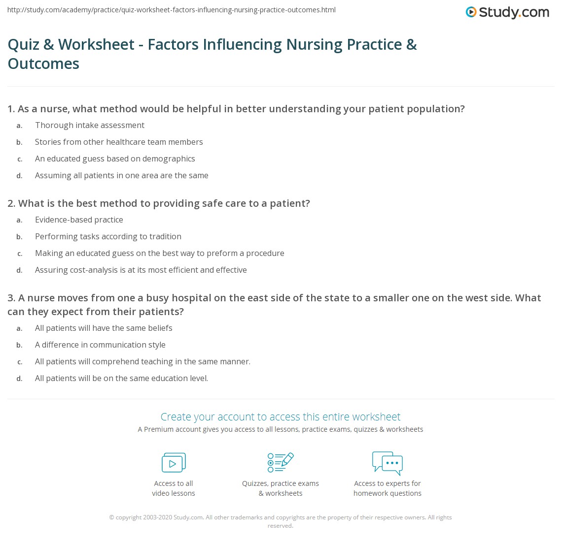 Quiz & Worksheet - Factors Influencing Nursing Practice & Outcomes ...