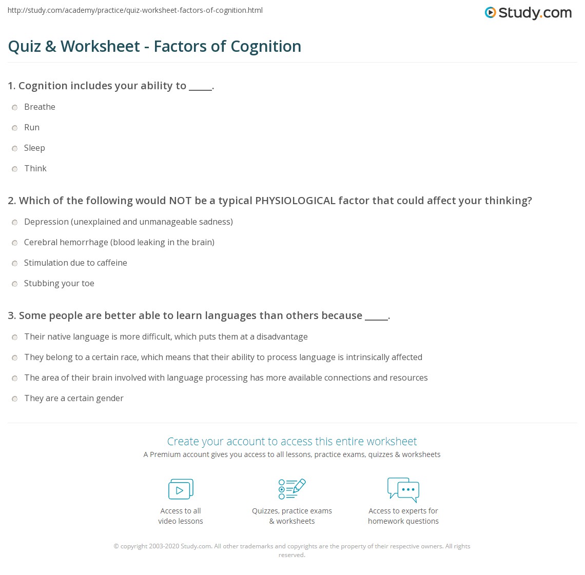 Quiz & Worksheet - Factors of Cognition | Study.com