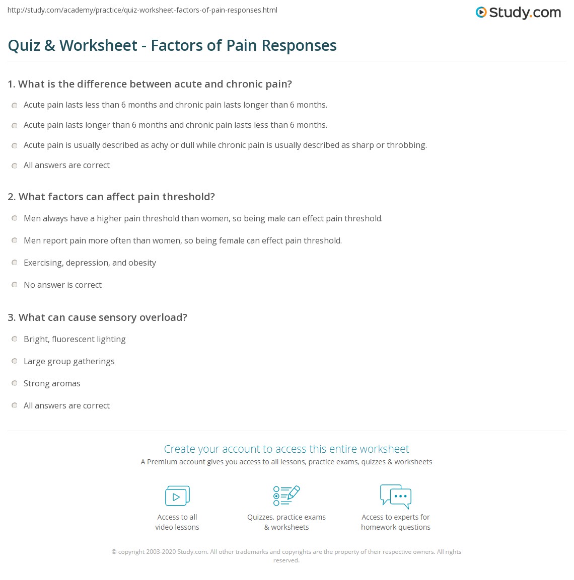 Quiz & Worksheet - Factors of Pain Responses | Study.com