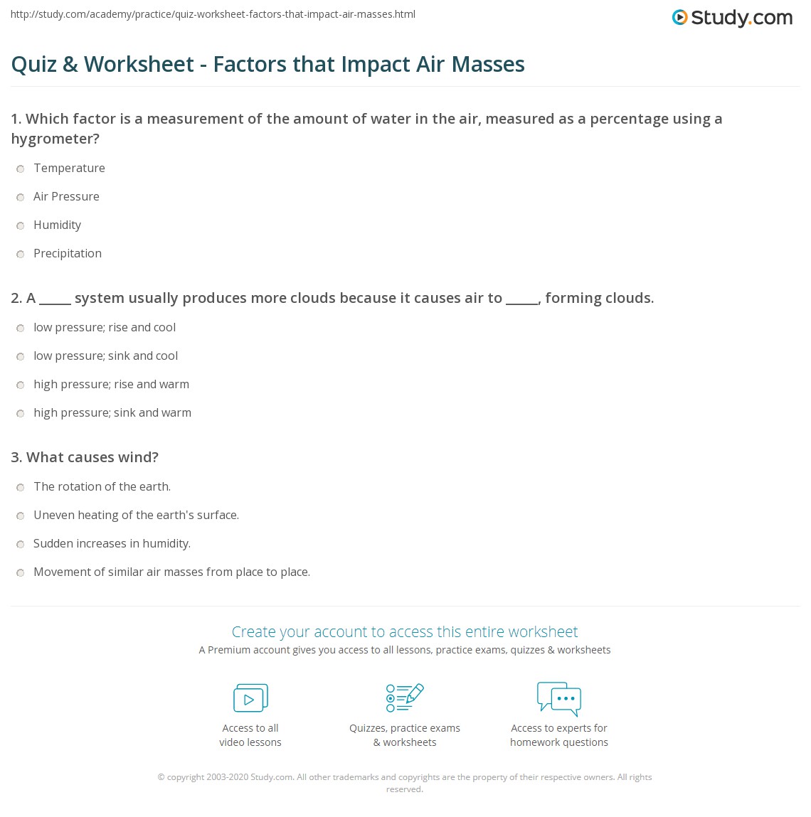 Quiz & Worksheet - Factors that Impact Air Masses | Study.com
