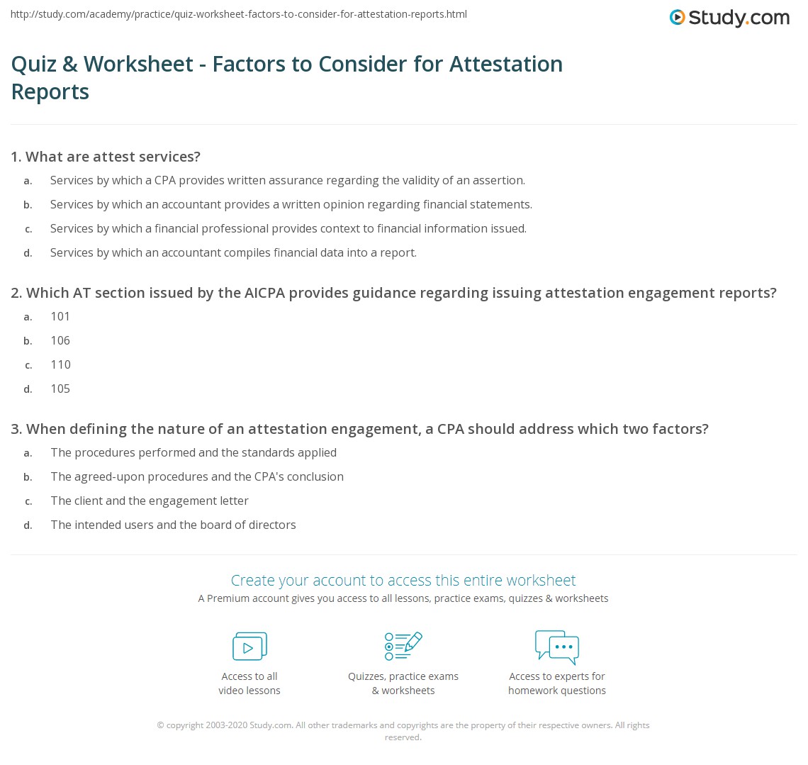 Quiz & Worksheet - Factors to Consider for Attestation Reports | Study.com