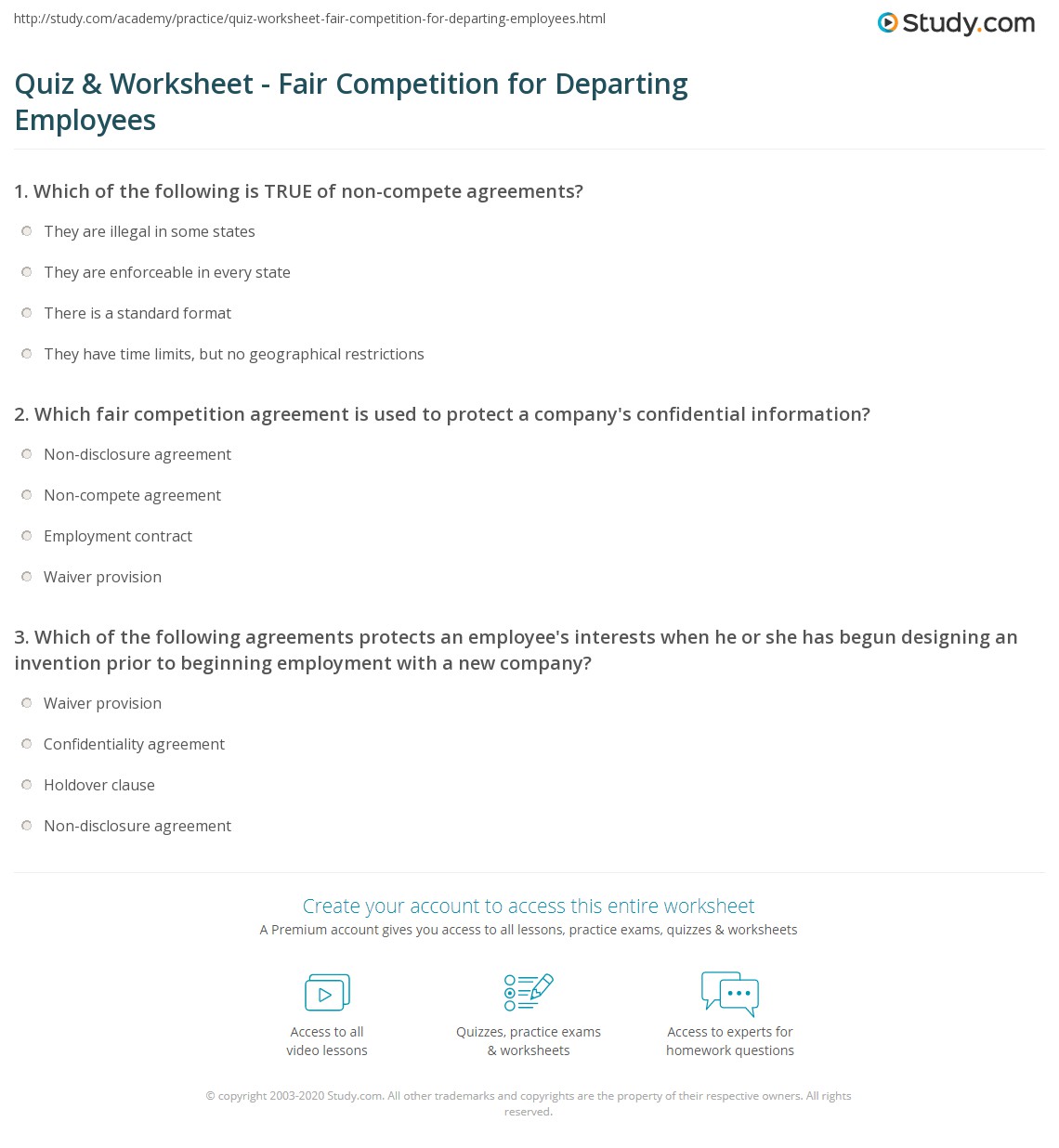 Quiz & Worksheet - Fair Competition for Departing Employees | Study.com