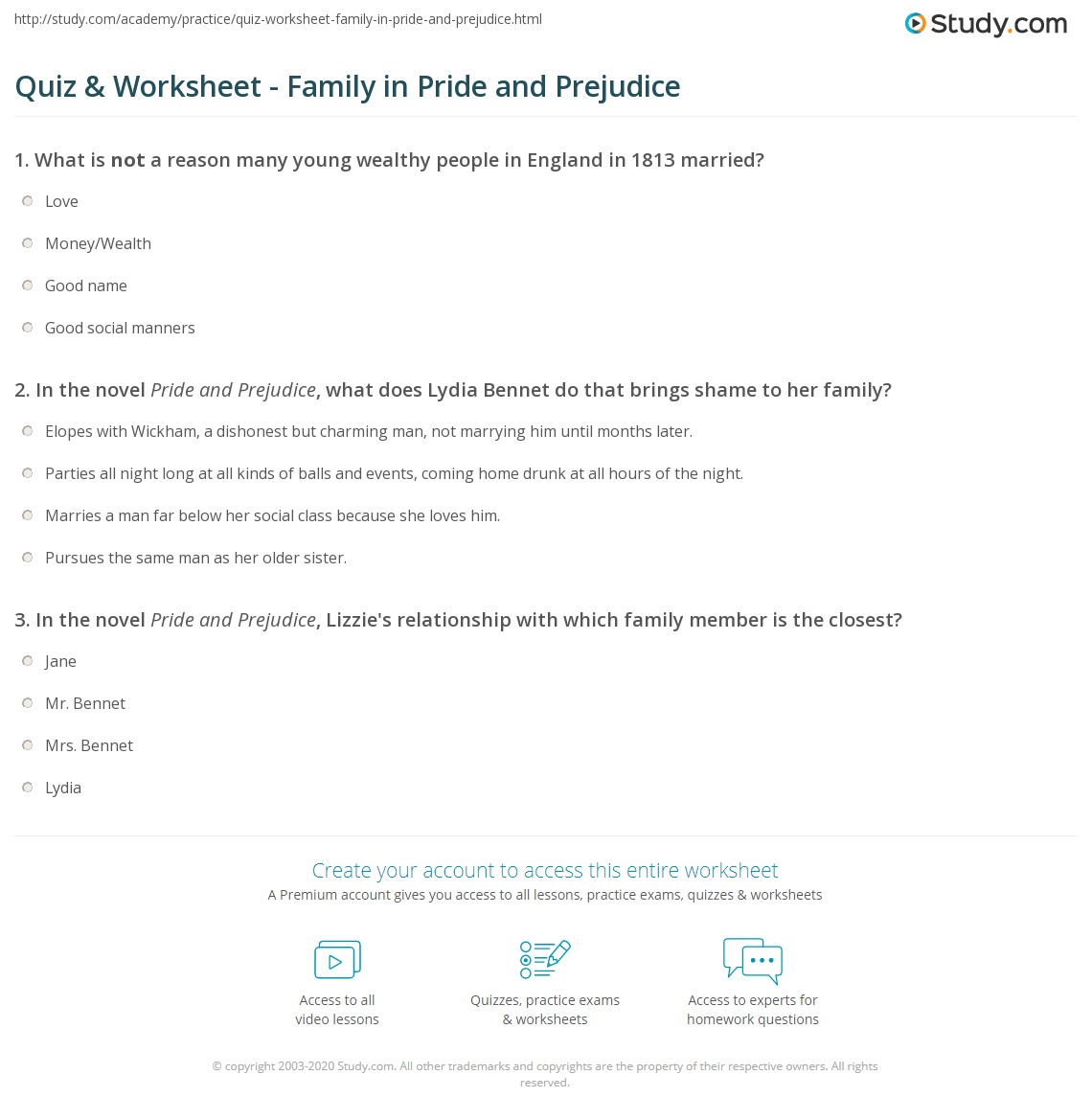 Quiz & Worksheet - Family in Pride and Prejudice | Study.com