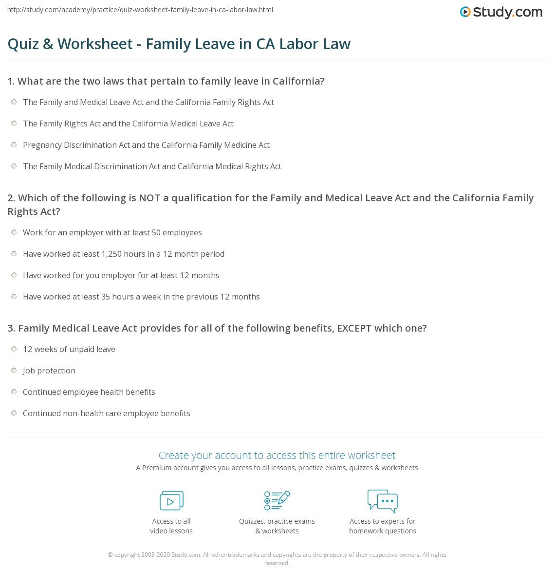 Quiz & Worksheet - Family Leave in CA Labor Law | Study.com