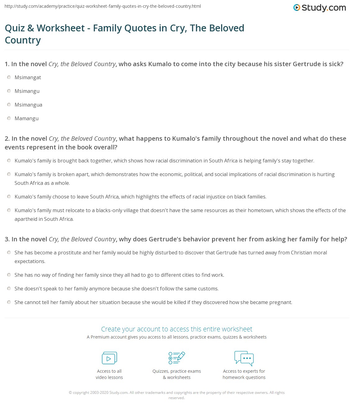 Quiz & Worksheet - Family Quotes in Cry, The Beloved Country | Study.com