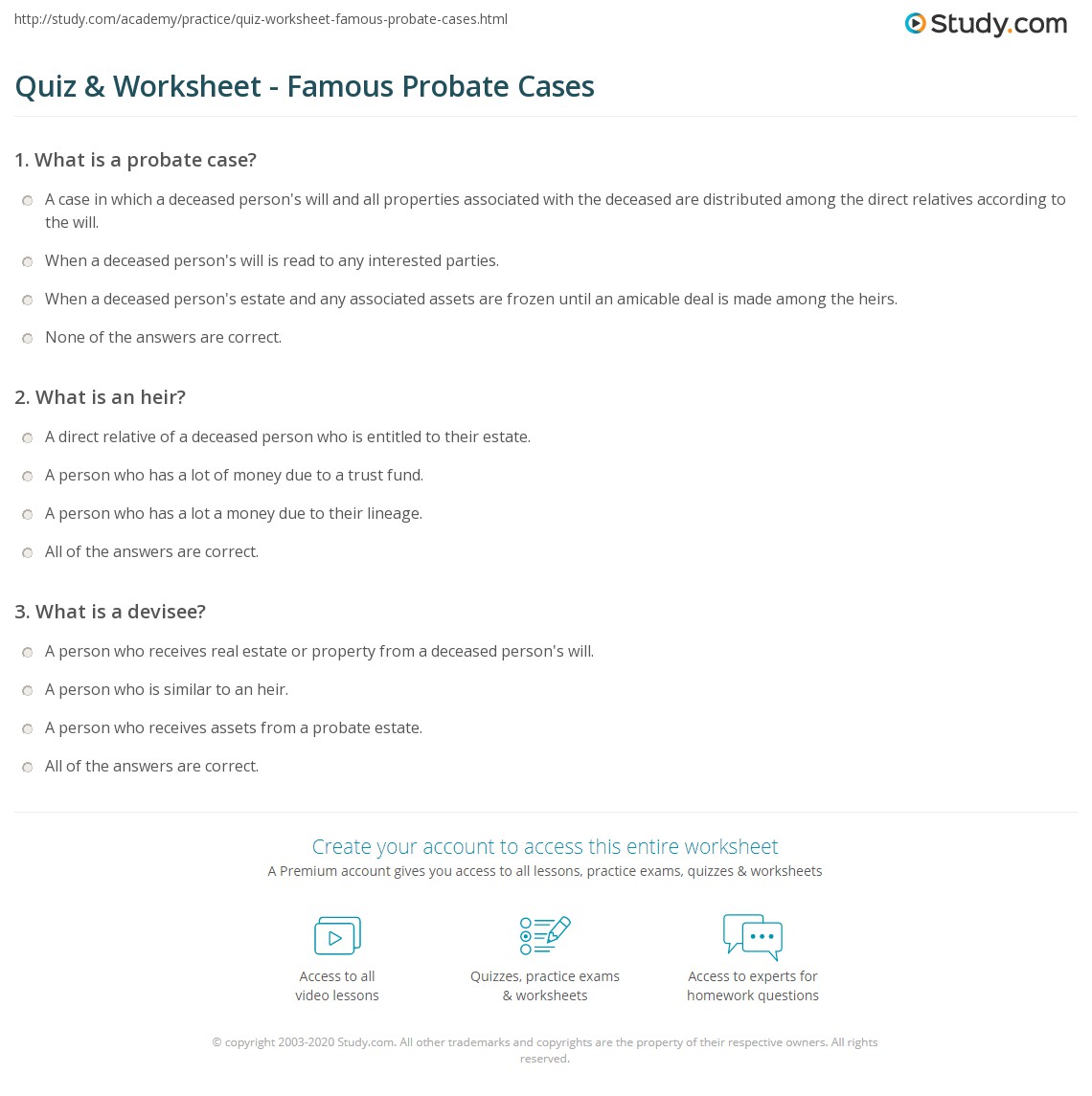 Quiz & Worksheet - Famous Probate Cases | Study.com