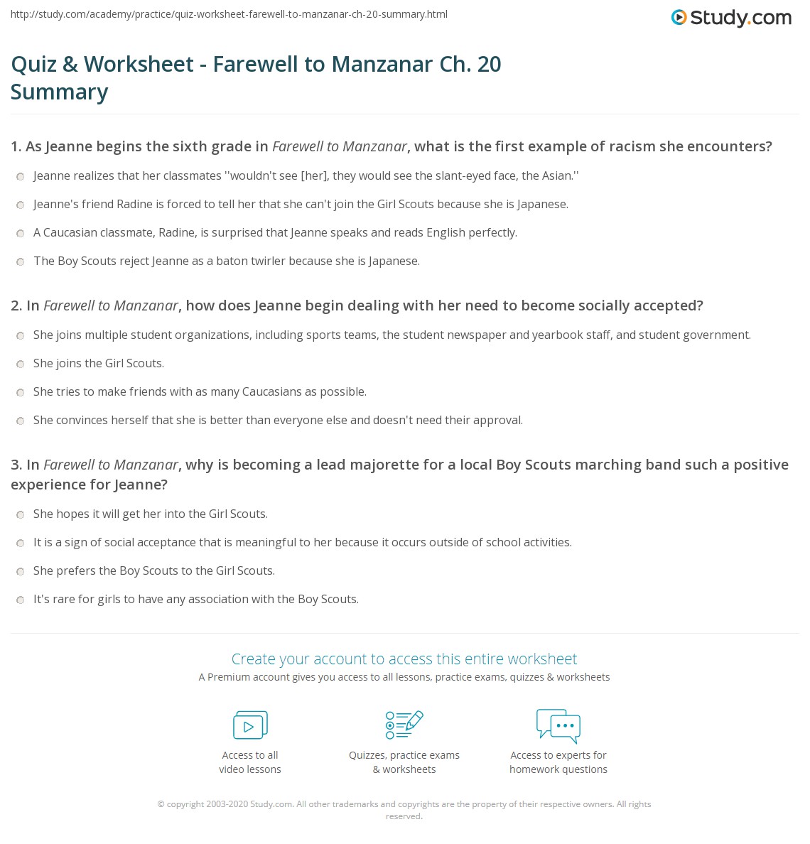 Quiz & Worksheet - Farewell to Manzanar Ch. 20 Summary | Study.com