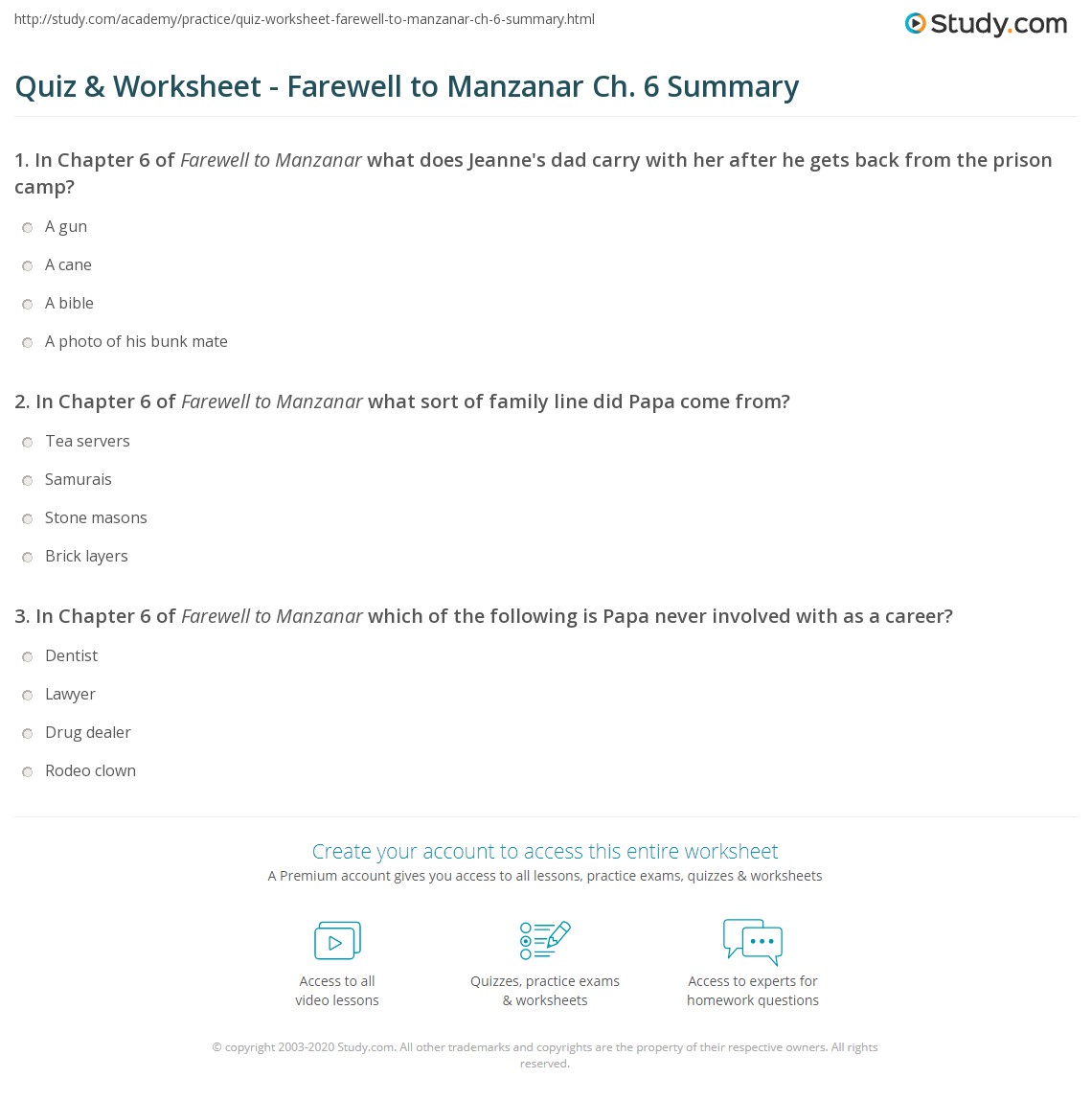 Quiz & Worksheet - Farewell to Manzanar Ch. 6 Summary | Study.com