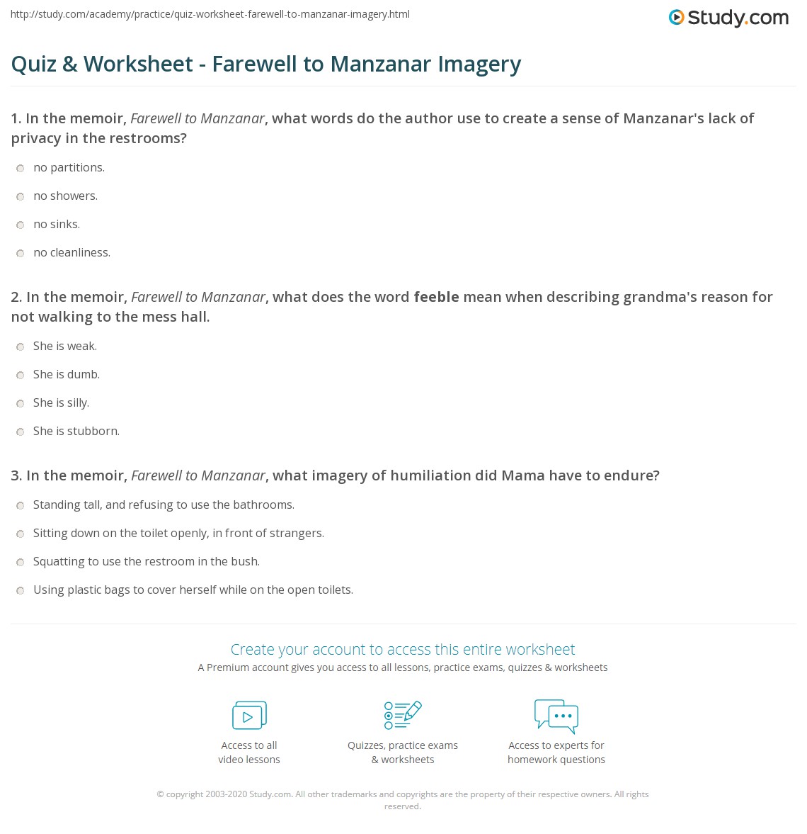 Quiz & Worksheet - Farewell to Manzanar Imagery | Study.com
