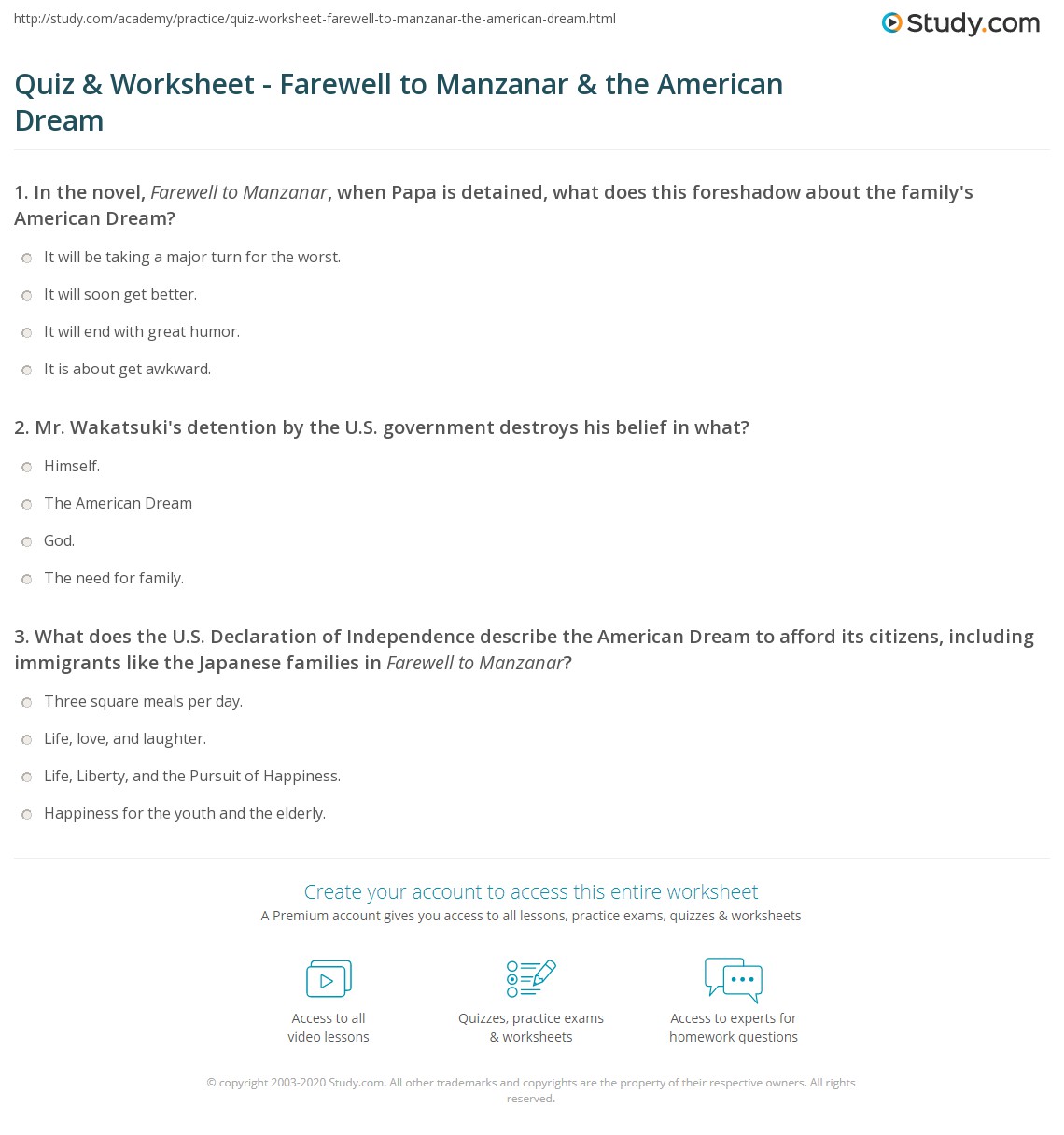 Quiz & Worksheet - Farewell to Manzanar & the American Dream | Study.com
