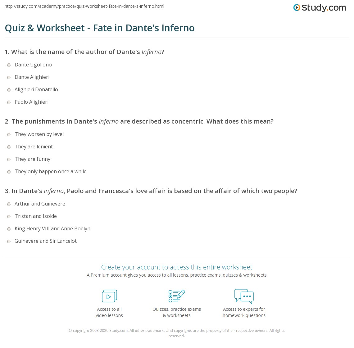 Quiz & Worksheet - Fate in Dante's Inferno | Study.com