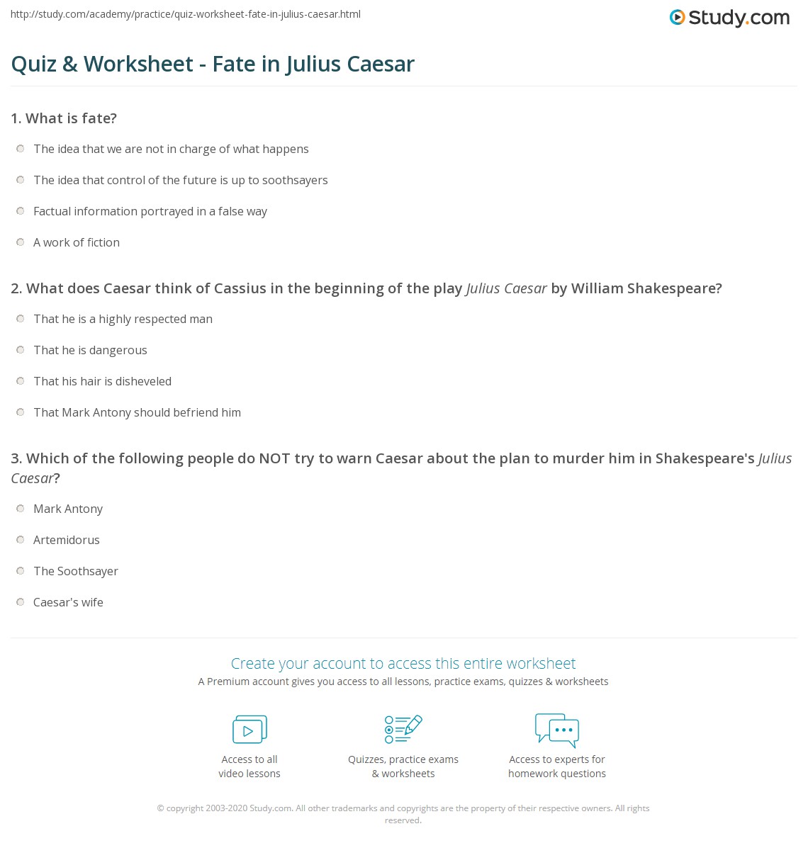 Quiz & Worksheet - Fate in Julius Caesar | Study.com