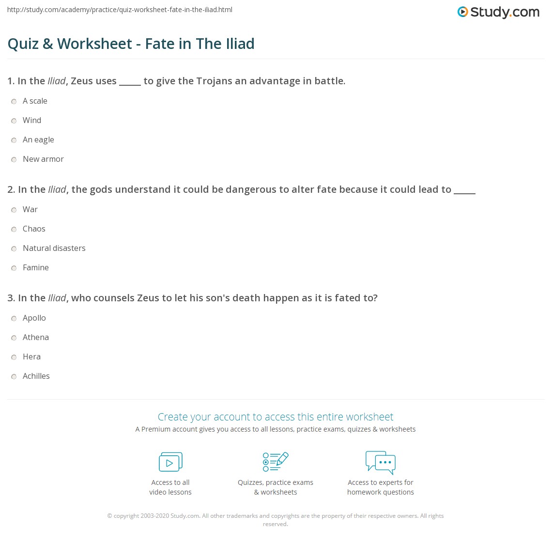 Quiz & Worksheet - Fate in The Iliad | Study.com