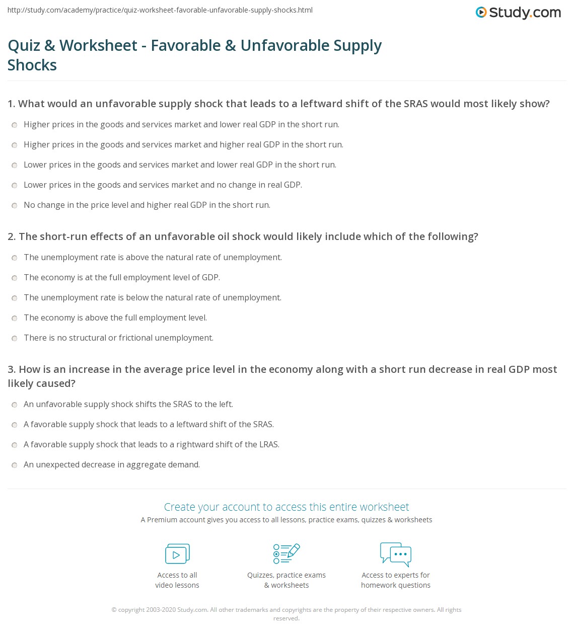 Quiz & Worksheet - Favorable & Unfavorable Supply Shocks | Study.com