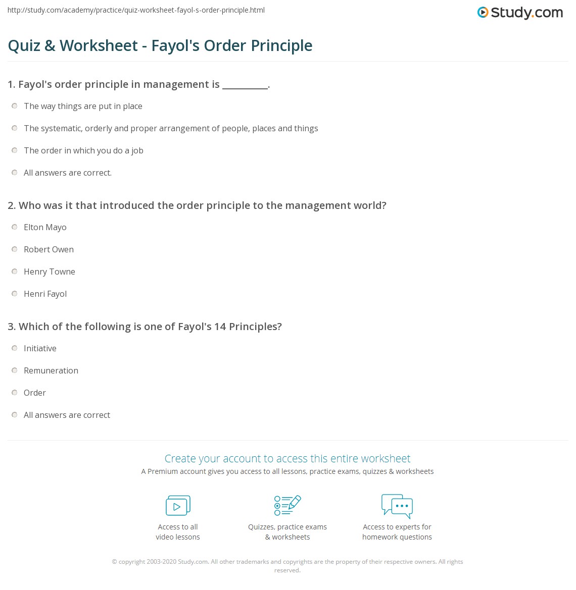 Quiz & Worksheet - Fayol's Order Principle | Study.com