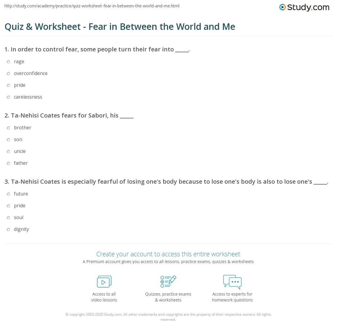 Quiz & Worksheet - Fear in Between the World and Me | Study.com