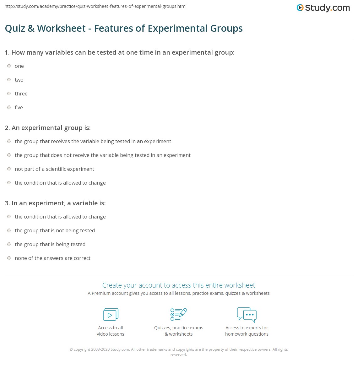Quiz & Worksheet - Features of Experimental Groups | Study.com