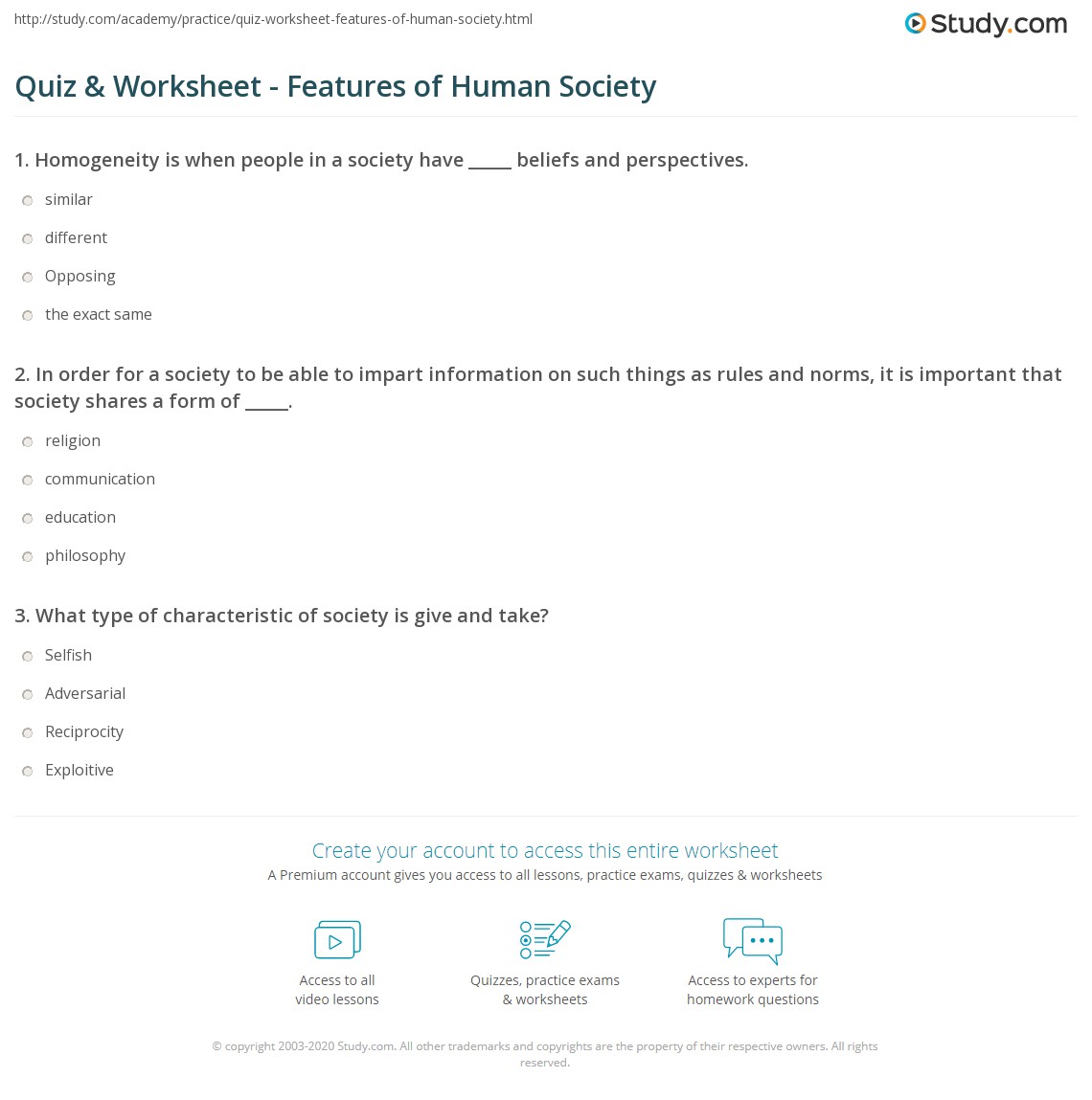 Quiz & Worksheet - Features of Human Society | Study.com