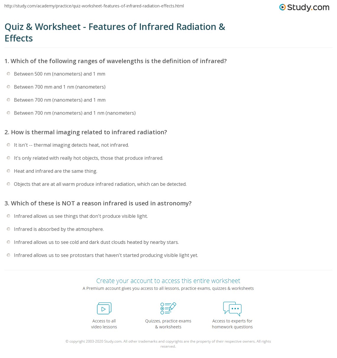 Quiz & Worksheet - Features of Infrared Radiation & Effects | Study.com
