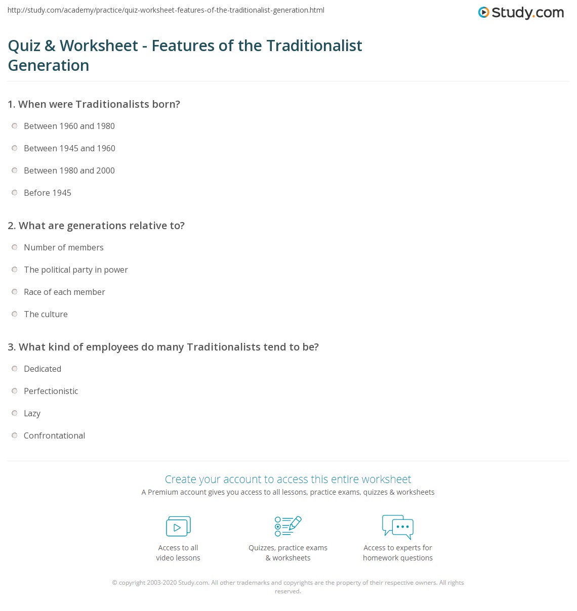 Quiz & Worksheet - Features of the Traditionalist Generation | Study.com