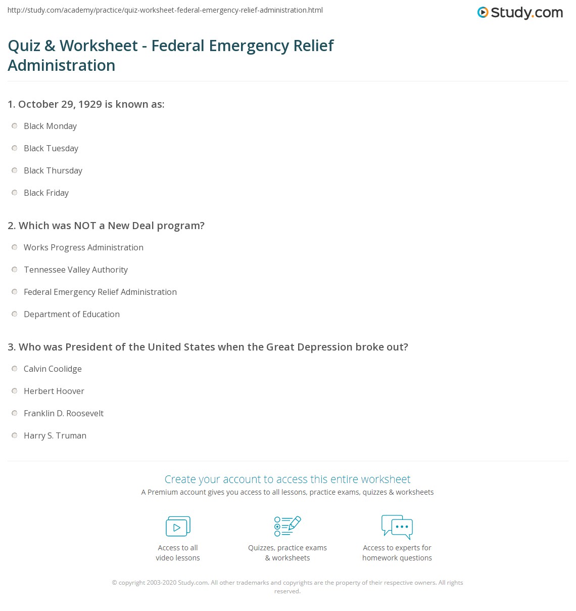Quiz & Worksheet - Federal Emergency Relief Administration | Study.com