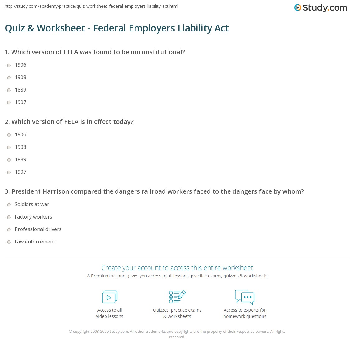 Quiz & Worksheet - Federal Employers Liability Act | Study.com