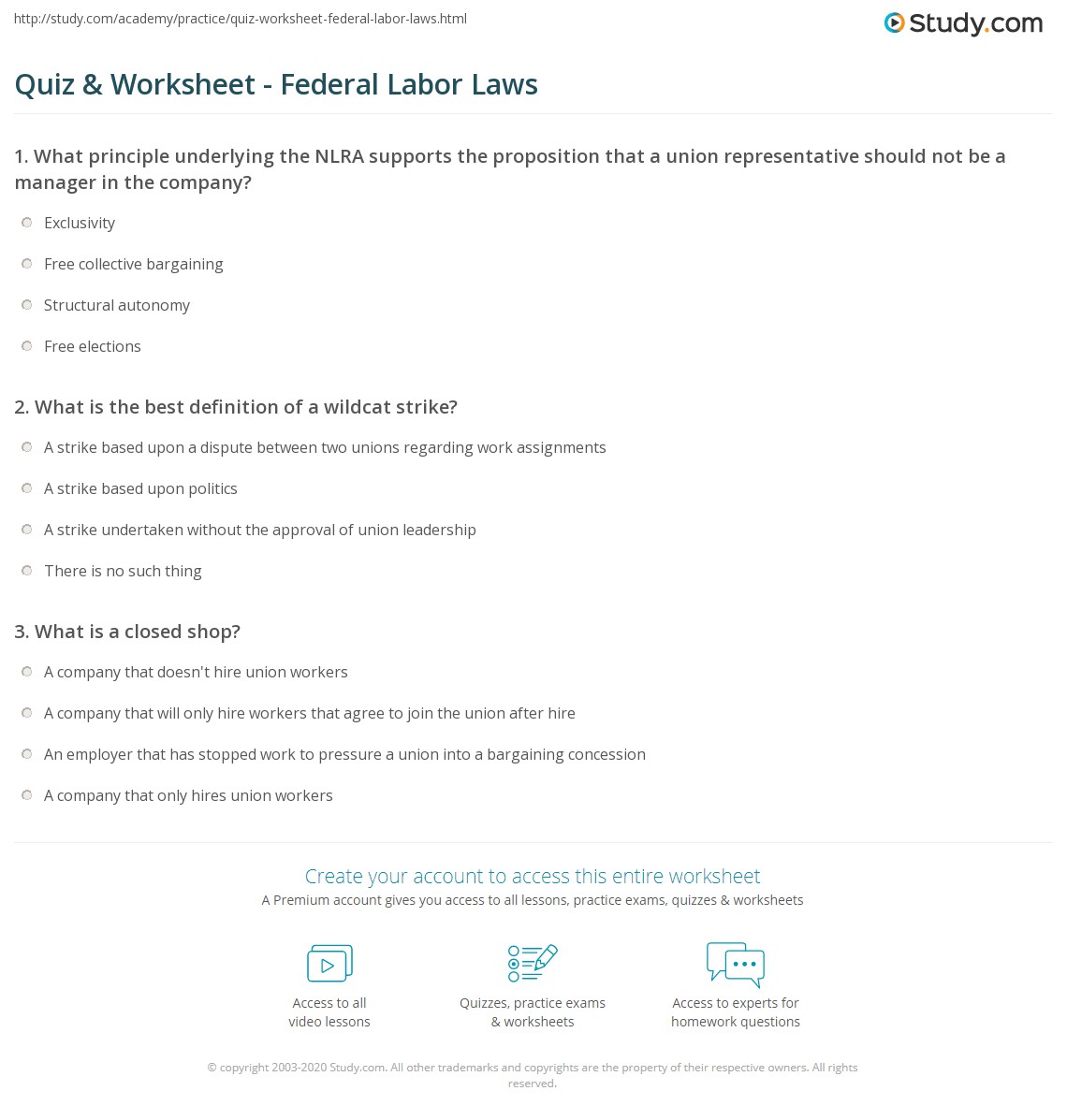 Quiz & Worksheet - Federal Labor Laws | Study.com
