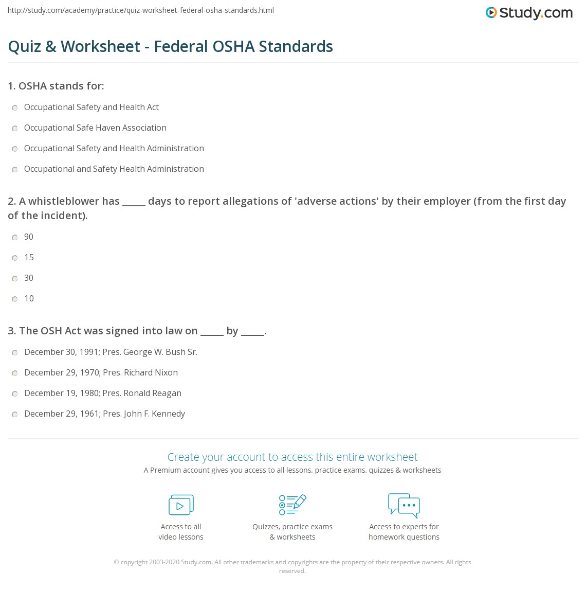 Quiz & Worksheet - Federal OSHA Standards | Study.com