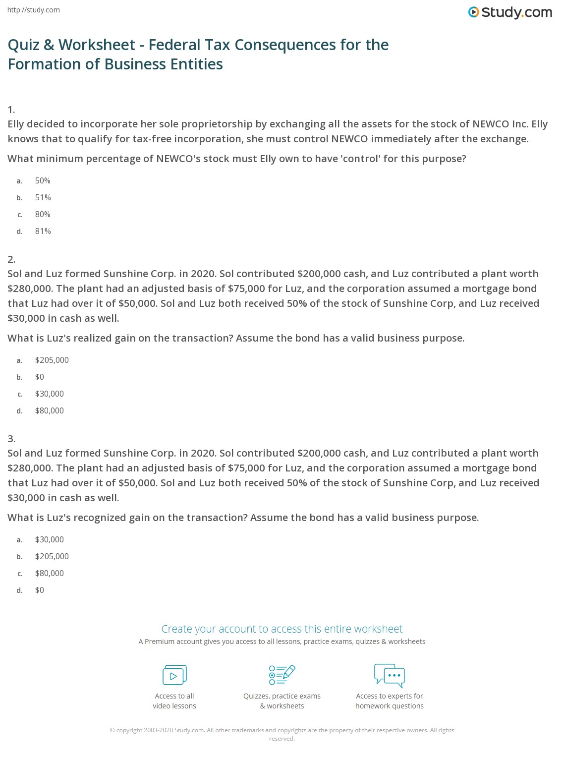 Quiz & Worksheet - Federal Tax Consequences for the Formation of ...