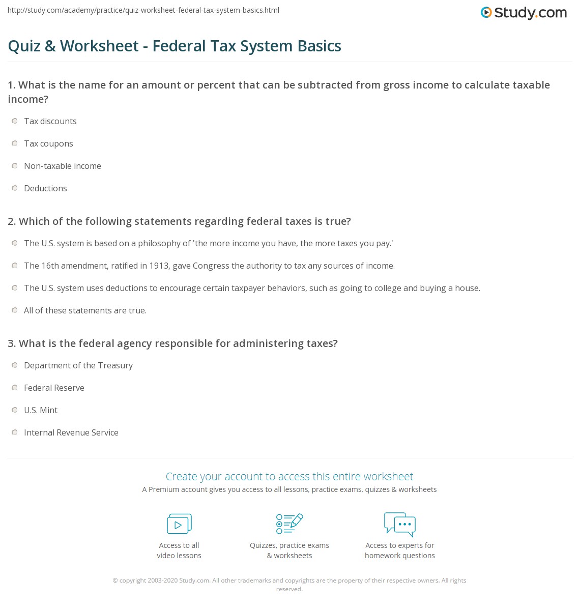 Quiz & Worksheet - Federal Tax System Basics | Study.com